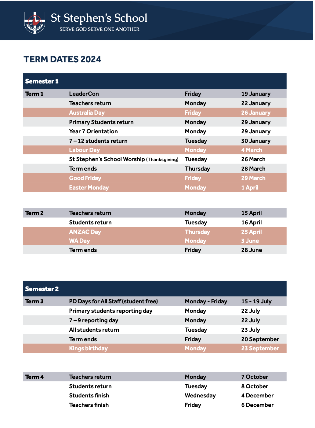 Term Dates | St Stephen's School