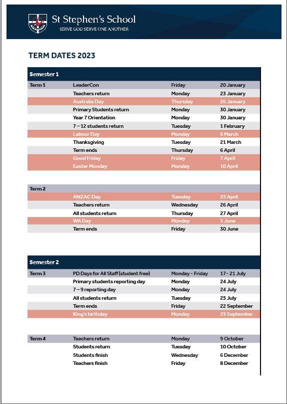 Term Dates | St Stephen's School